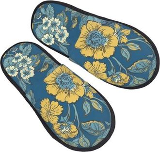 Generic Fourrure Pantoufles Fleurs Bleues Et Jaunes Peluche Pantoufles En Coton L&eacute;gers Maison Slippers Pour Spa Automne H&ocirc;tel L