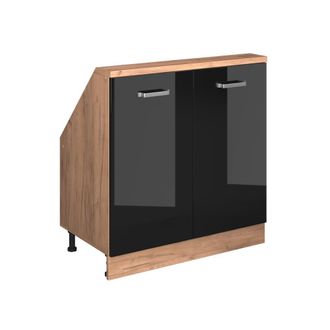 Vicco K&uuml;chenschrank f&uuml;r Dachschr&auml;gen R-Line, Schwarz Hochglanz/Goldkraft Eiche, 80 cm mit 2 T&uuml;ren