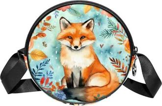 Generic Petit sac &agrave; bandouli&egrave;re rond pour femme, motif feuilles dautomne et renard, sac &agrave; dos avec fermeture &eacute;clair, bretelles r&eacute;glables, sac &agrave; main rond d&eacute;co