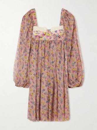 Dolce & Gabbana Mini-robe En Satin De Soie M&eacute;lang&eacute;e Et En Mousseline &Agrave; Imprim&eacute; Fleuri Et &Agrave; Finitions En Dentelle - Rose
