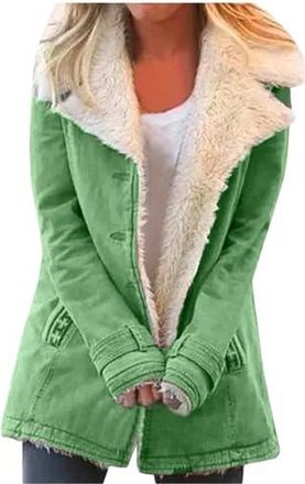 Generic Veste chaude doublée en peluche pour femme - Col à revers - Tendance - Avec boutons composites - Coupe-vent dhiver, Vert, XXL