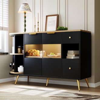 Generic Sideboard mit Glasschiebetüren Schubladen Kommode mit LED-Leuchten Freistehende Buffet für Wohnzimmer Esszimmer Küche Anrichte Holz Kabinett Schwarz
