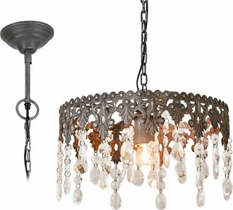 Loberon Hängelampe Escoire, Französischer Empire-Stil, mit fein Geschliffenen Glasprismen, Kunstvoll Geschmiedeter Baldachin, Hängeleuchte, Eisen, Glas, antik