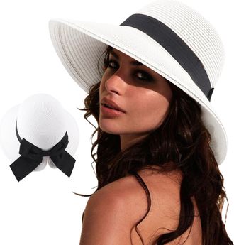 Dreshow Sonnenh&uuml;te f&uuml;r Damen Reise Fedora Faltbarer Strand Sonnenhut Sommer Breite Krempe Stroh Eimer Hut mit Bowknot UPF 50+