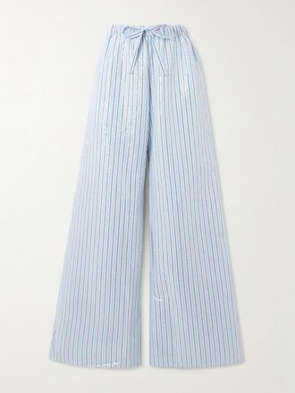 AZ FACTORY Pantalon Large En Voile De Coton À Rayures Et À Sequins Candra X Lutz Huelle - Blanc