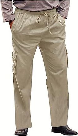 Generic Pantalon cargo pour homme en coton et lin multi-poches léger et décontracté pour le travail, la randonnée, le camping, la pêche, extensible avec cordo