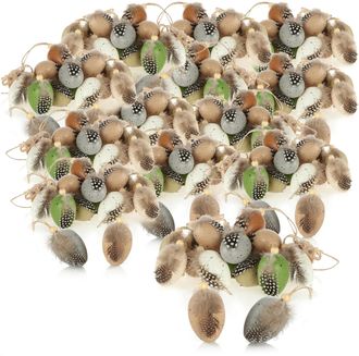 Com-Four 36x Ostereier zum Anh&auml;ngen - H&auml;ngedeko f&uuml;r den Osterstrauch 6 x 4 cm - farbige Ostereier mit Federn und Holzperle in Wachtelei-Optik - Deko-Eier aus K