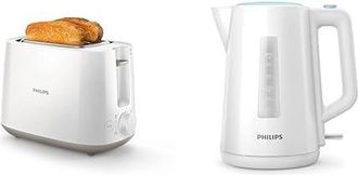 Philips HD9318/00 Wasserkocher Serie 3000, 1,7l, Federdeckel, LED-Anzeige, wei&szlig; & HD2581/00 Toaster, integrierter Br&ouml;tchenaufsatz, 8 Br&auml;unungsstufen, wei&szlig;