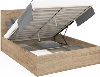 IDMarket Lit coffre double seaside avec tête de lit et sommier 160 x 200 cm façon hêtre