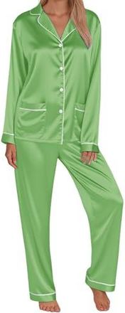 Generic Pyjama de Noël assorti à manches longues en satin de soie - Coupe ample et confortable - Chemise boutonnée et pantalon de pyjama, Vert, XL