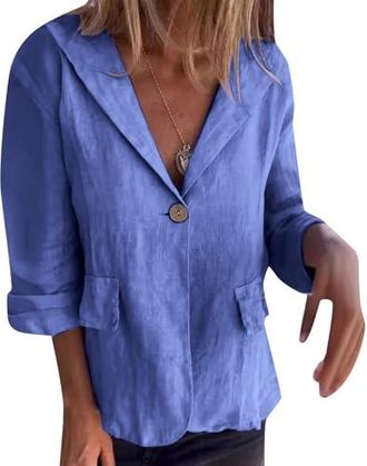 Generic Vestes pour femmes 2026 Manteau de costume en lin &agrave; revers crant&eacute; &agrave; un bouton, bleu, XXL