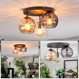 HOFSTEIN Deckenleuchte Koyoto, 3-flammige Deckenlampe aus Metall/Riffelglas in Schwarz/Rauch/Bernstein/Klar, Leuchte im Retro/Vintage-Design (Schirme Ø 15 cm),