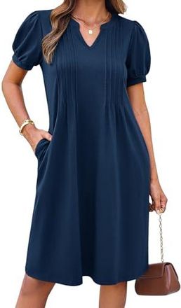 Grace Karin Femme Ete Robe A-Line Manche Courte Casual Robe Femme Henley Col en V avec Poches Chic et Elegant Bleu Marine S