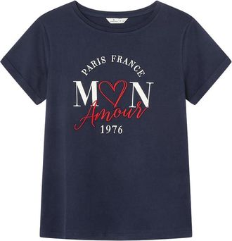 Springfield Damen Camiseta de Manga Corta Mon Amour Print Grafik-T-Shirt aus Baumwolle mit abgerundeten Ärmel, Maritimes Blau, M