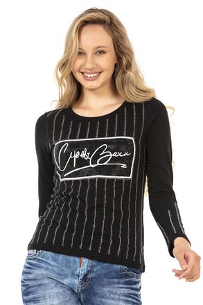 Cipo & Baxx Damen Sweatshirt Langarm WL289 Schwarz - Stylischer Pullover mit Print & Verzierungen - Bequemer Alltags-Look f&uuml;r Freizeit, Schule & Streetwear Outfit