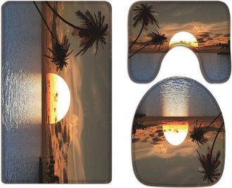 A.Monamour Badezimmer Badematte 3 Teilig Set Sonnenuntergang Ozean Meer Tropische Insel Palme Landschaft Für Toilettenzubehör Flanell Saugfähig Badteppiche Badvo