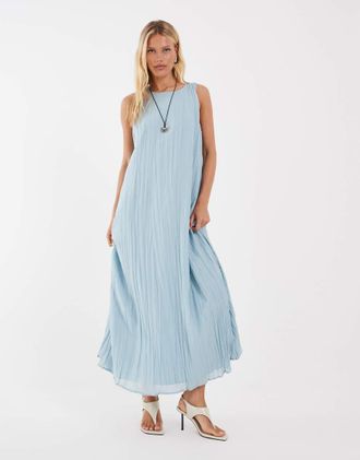 Object &Auml;rmelloses, trapezf&ouml;rmiges Maxikleid aus plissiertem Knitterstoff in Himmelblau