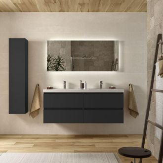 Cygnus Bath Salgar - Meuble salle de bain - 140 cm - Plan double vasques charge min&eacute;rale - Noir mat - a suspendre - karaib