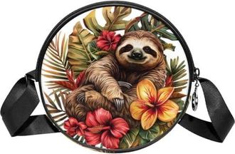 Generic Sac &agrave; bandouli&egrave;re rond pour femme, motif paresseux et fleurs tropicales avec fermeture &eacute;clair et bretelles r&eacute;glables