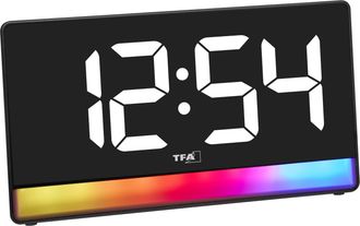TFA Dostmann Wecker digital mit Stimmungslicht, 60.2051, Farbverlauf oder 8 Farben, 4 Helligkeitsstufen, Alarm mit Snooze, gut ablesbar, Ladefunktion, schwarz