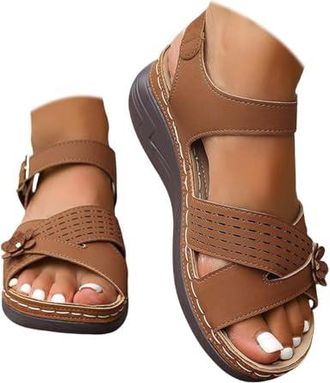 Generic Sandales orthop&eacute;diques larges pour femme 2026, style boh&egrave;me d&eacute;contract&eacute;, plat, &agrave; bout ouvert, &agrave; plateforme florale, couleur unie, &agrave; enfiler, d&eacute;contrac