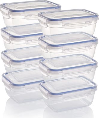 Grizzly Kunststoff Frischhaltedosen Set, 8x Vorratsdosen mit Deckel, rechteckig, stapelbar, bruch-, mikrowellen- und sp&uuml;lmaschinenfest