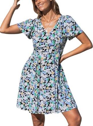 Cupshe Femmes Été Robe Col en V Floral Manches Courtes Bouton Élégant Occasionnel Faire la fête Ligne A Mini-Robes