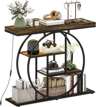 HOMCOM Console meuble - HOMCOM - &eacute;clairage LED - 4 niveaux - cadre rond en acier - 100 x 30 x 81,5 cm - marron rustique et noir