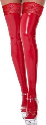 Feoya Ledersocken Damen Leder Str&uuml;mpfe Oberschenkelhoch Clubwear Overknees Strumpfhosen Spitze Socken XL Rot