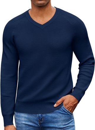 Coofandy Herren V-Ausschnitt Pullover Langarm Feinstrick Pullover Basic Sweater Navy Blau XXL