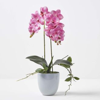 Homescapes große Kunstorchidee im Topf, hochwertige künstliche Orchidee mit rosa Blüten, Deko-Orchidee Phalaenopsis im grauen Keramiktopf, dekorative Kunstblume,