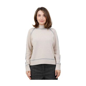 Max Mara Femme, Pulls, Beige, Taille: 42 FR Maglia dolcevita en fil ras&eacute; de laine et cachemire avec poches en intarsia contrastantes
