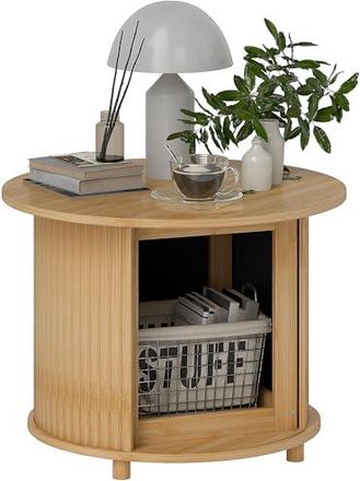 HOMCOM Table Basse Ronde Table de Salon Table dappoint en Bambou avec Rangement cach&eacute; et Porte coulissante, Table Basse Salon et Bureau &agrave; Domicile, dim. &Oslash; 60