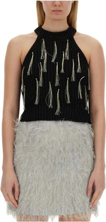 Alysi Femme, Tops, Noir, Taille: 38 FR Haut dos nu en maille avec d&eacute;tails de pompons