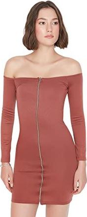Trendyol Woman Mini Off-Shoulder Scoop Neck Knit Dress Robe, Brown, L Femme