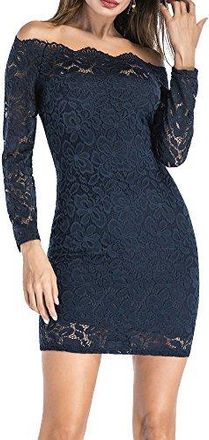 DianShao Robe de Soirée Bustier Dentelle Cocktail Manches Longues Femme Marine L