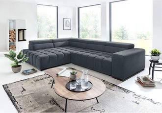 Loftscape home24 Ecksofa Masaya Blau/Grau/Blaugrau Microfaser Enza 307 x 73 x 201cm Ottomane davorstehend links mit Schlaffunktion Modern