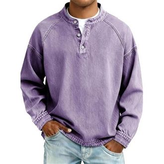 Generic Chemise vintage en coton pour homme - Couleur unie - Manches longues - Demi-bouton - D&eacute;contract&eacute;e - Pull ample &agrave; manches longues pour homme, violet, 4