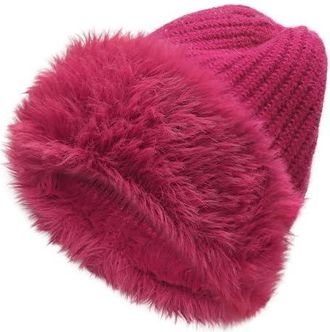ZLYC Bonnet dhiver en fausse fourrure pour femme - Bonnet chaud en tricot extensible avec revers, Framboise solide, Taille unique