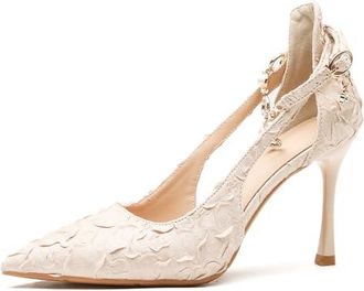 Generic Escarpins de Cour Femme Talons Aiguilles Strass Bride de Cheville Bout Pointu Pumps Large pour F&ecirc;tes d&Eacute;t&eacute; et Occasions Formelles Dessus Satin,Apricot 