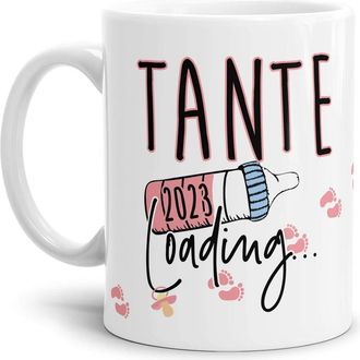 Tassendruck Tasse Babynews Du wirst Tante 2023 - Geschenkidee/Ladebalken/Endlich Schwanger/Schwangerschaft verkünden/Baby - Weiß