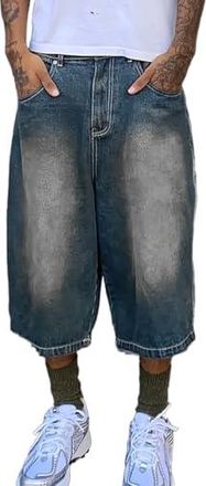 ORANDESIGNE Shorts en Jean Baggy pour Homme Hip Hop Zipp&eacute; Jeans Shorts Ample &agrave; Jambe Large D&eacute;contract&eacute; avec Poches Streetwear I Bleu XXL