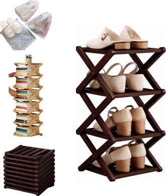 Generic 9-St&ouml;ckiges Bambusregal, 9-St&ouml;ckiges Bambusregal Ohne Montage, Faltbarer Platzsparender Schuhorganizer, Vertikale Schlanke Schuhaufbewahrung Mit 2-10 