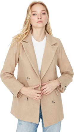 Trendyol Damen Trendyol Damen Regular Wickelschnitt Plain Webstoff Mantel Coat, Hellbraun, 40 EU