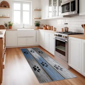 Generic Tapis de Couloir 65 x 240 cm, Poil Ras Tapis de Passage Couloir Antid&eacute;rapant Moderne Effet Bois Animal Chien Empreinte De Patte Motif Tapis de Sol Lon