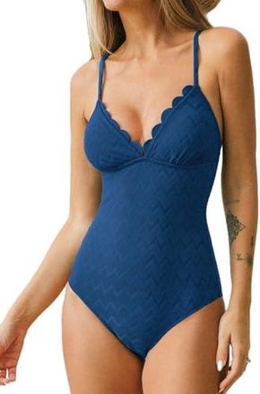 Cupshe Maillot de bain une pi&egrave;ce pour femme - Contr&ocirc;le du ventre - Col en V festonn&eacute; - Bretelles r&eacute;glables - Textur&eacute;, bleu marine, Taille M