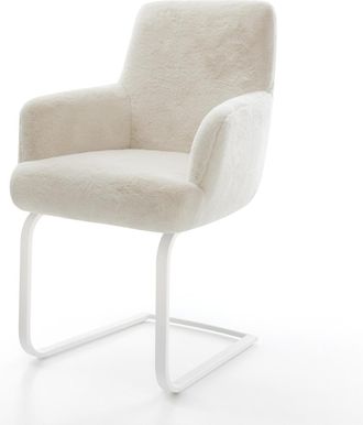 DELIFE Freischwinger Heira-Flex mit Armlehnen Plüsch Creme-Weiß Freischwinger flach Weiß Taschenfederkern, Esszimmerstühle