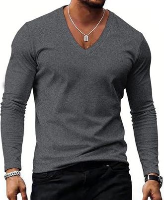 Generic T-shirt &agrave; manches longues pour homme - Col en V - Manches longues - Respirant - Coupe ajust&eacute;e - Couleur unie - Stretch, Gris fonc&eacute; (01)., XXL