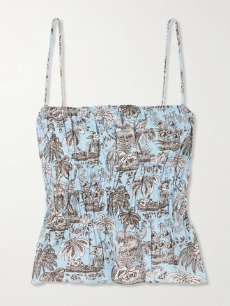 Staud Haut Raccourci En Coton M&eacute;lang&eacute; Imprim&eacute; &Agrave; Smocks Ayla - Bleu