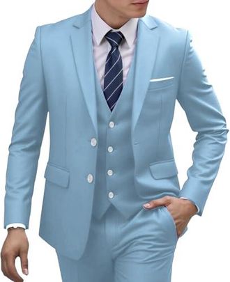 Generic Ensemble 2 pi&egrave;ces pour homme - Coupe ajust&eacute;e - &Eacute;l&eacute;gant costume de mariage daffaires formel - Smoking simple boutonnage - Blazer et pantalon, Bleu 3, 3